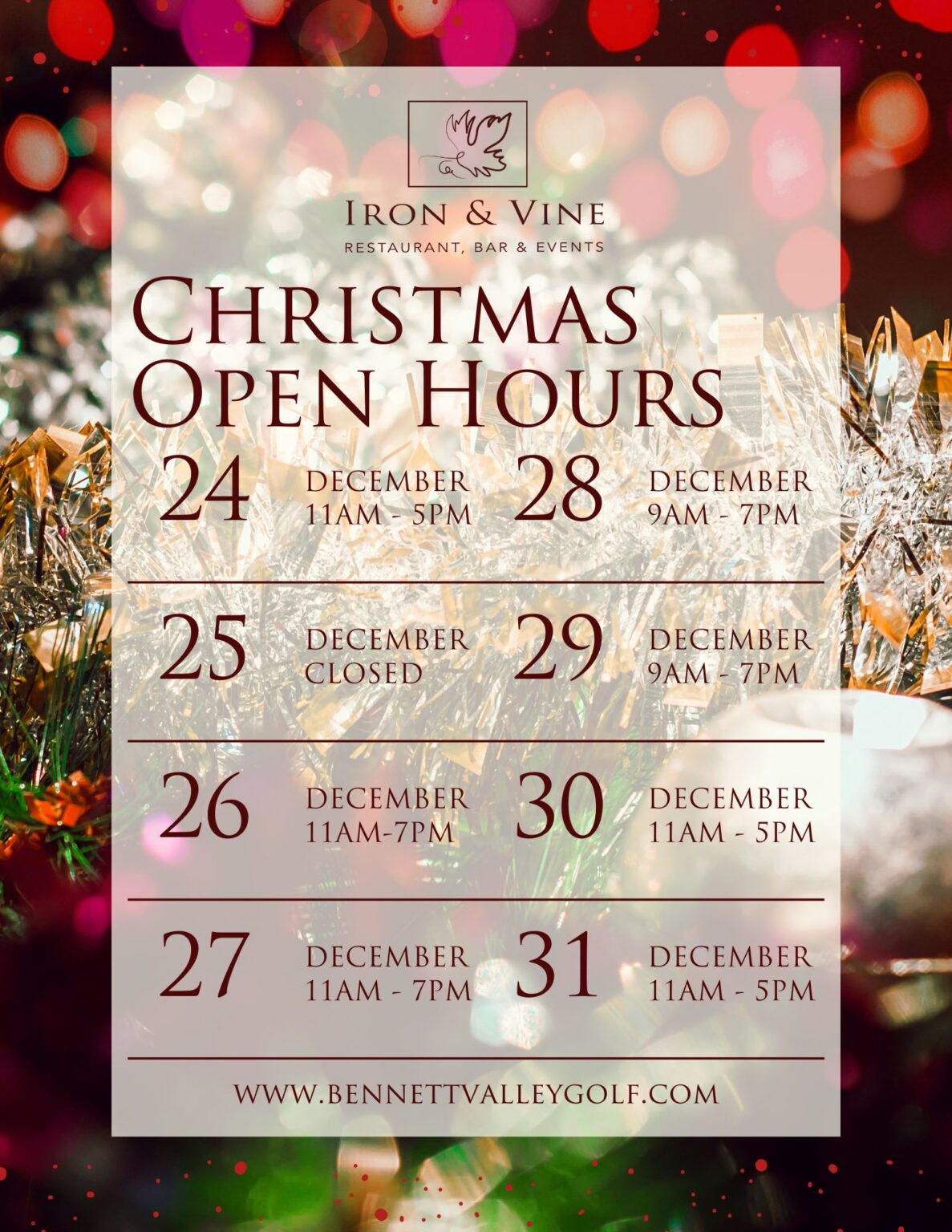 CHRISTMAS HOURS – Bennett Valley & Iron & Vine